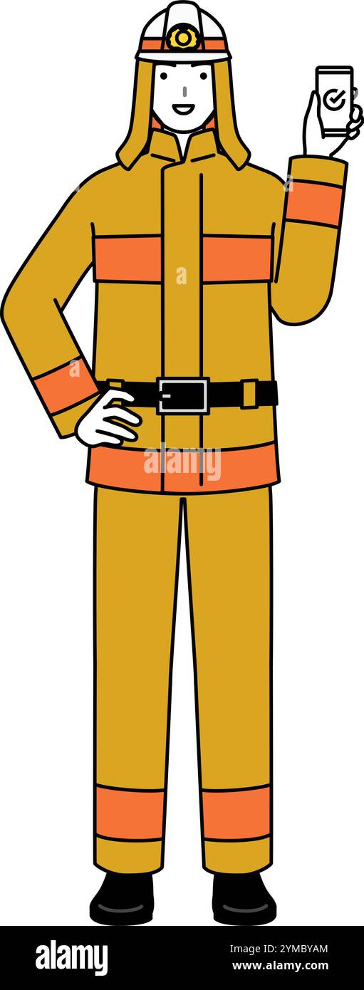 Firefighter in fire uniform using a smartphone at work, Vector ...