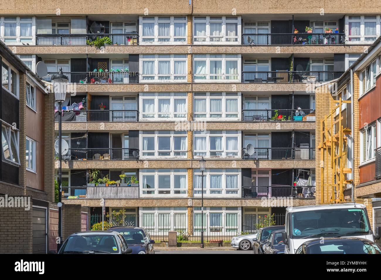 Facade of a council tower block at the end of street in Kensal Town ...