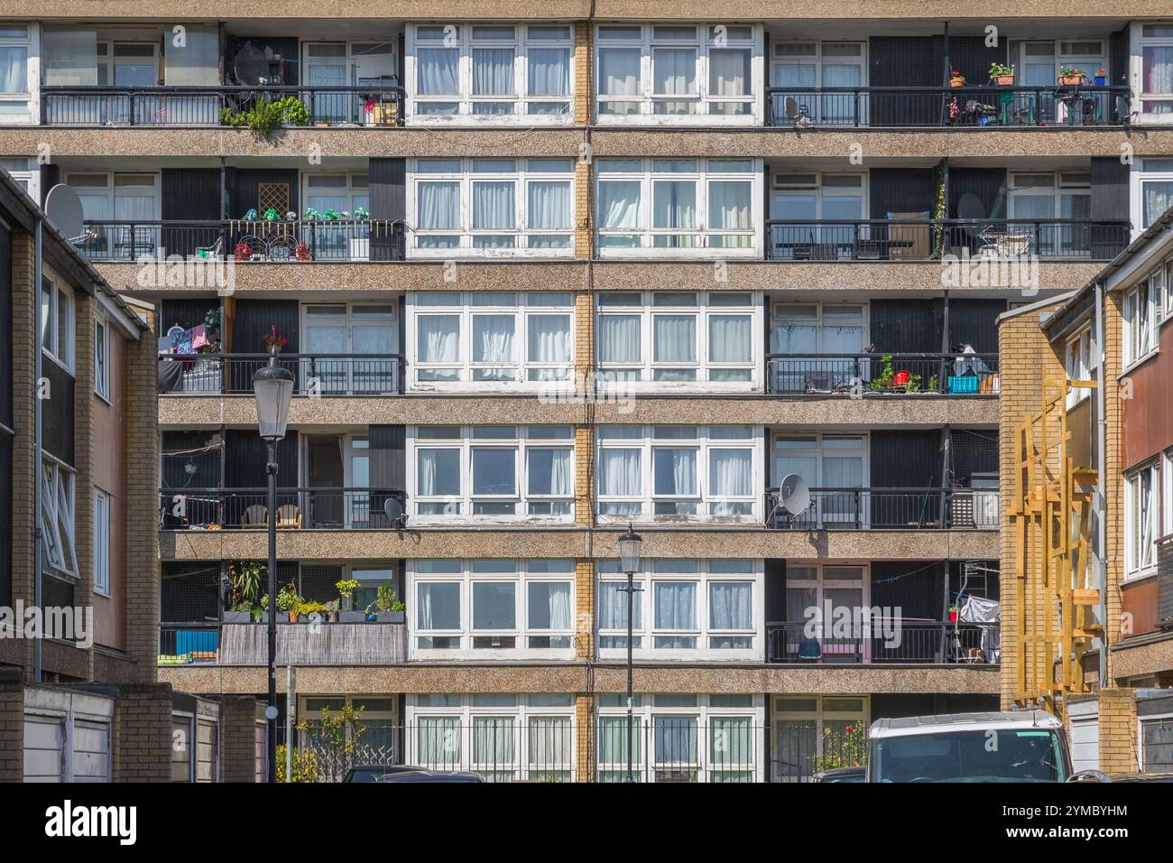 Facade of a council tower block at the end of street in Kensal Town ...