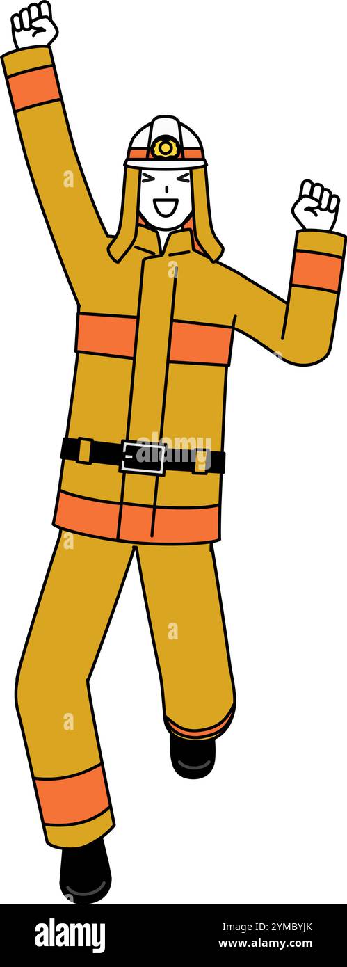 Firefighter in fire uniform jumping with light-hearted delight, Vector ...