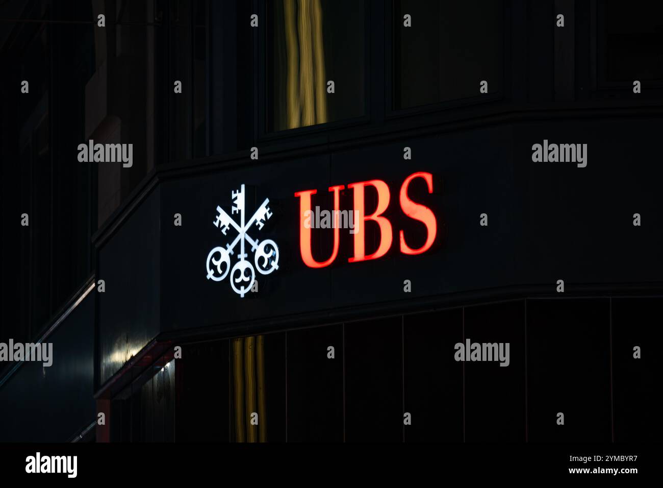 18-11-2024, Zurich, Switzerland. UBS bank large red logo on building ...