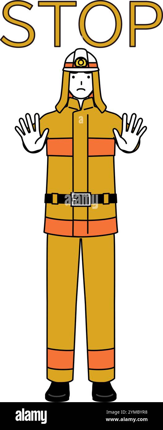 Firefighter in fire uniform with his hands out in front of his body ...