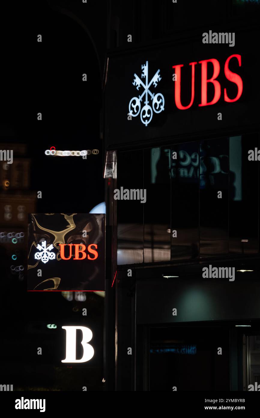 18-11-2024, Zurich, Switzerland. UBS bank large red logo on building ...