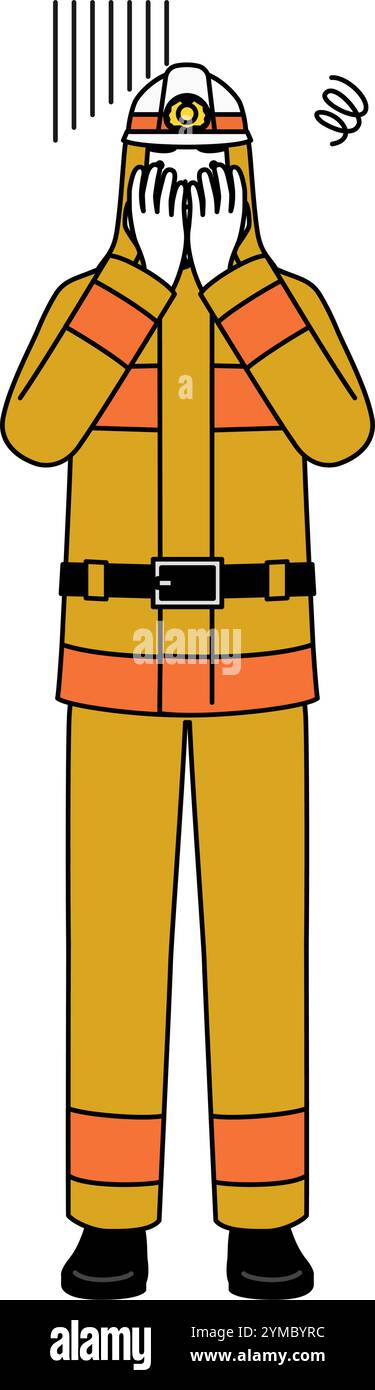 Firefighter in fire uniform covering his face in depression, Vector ...