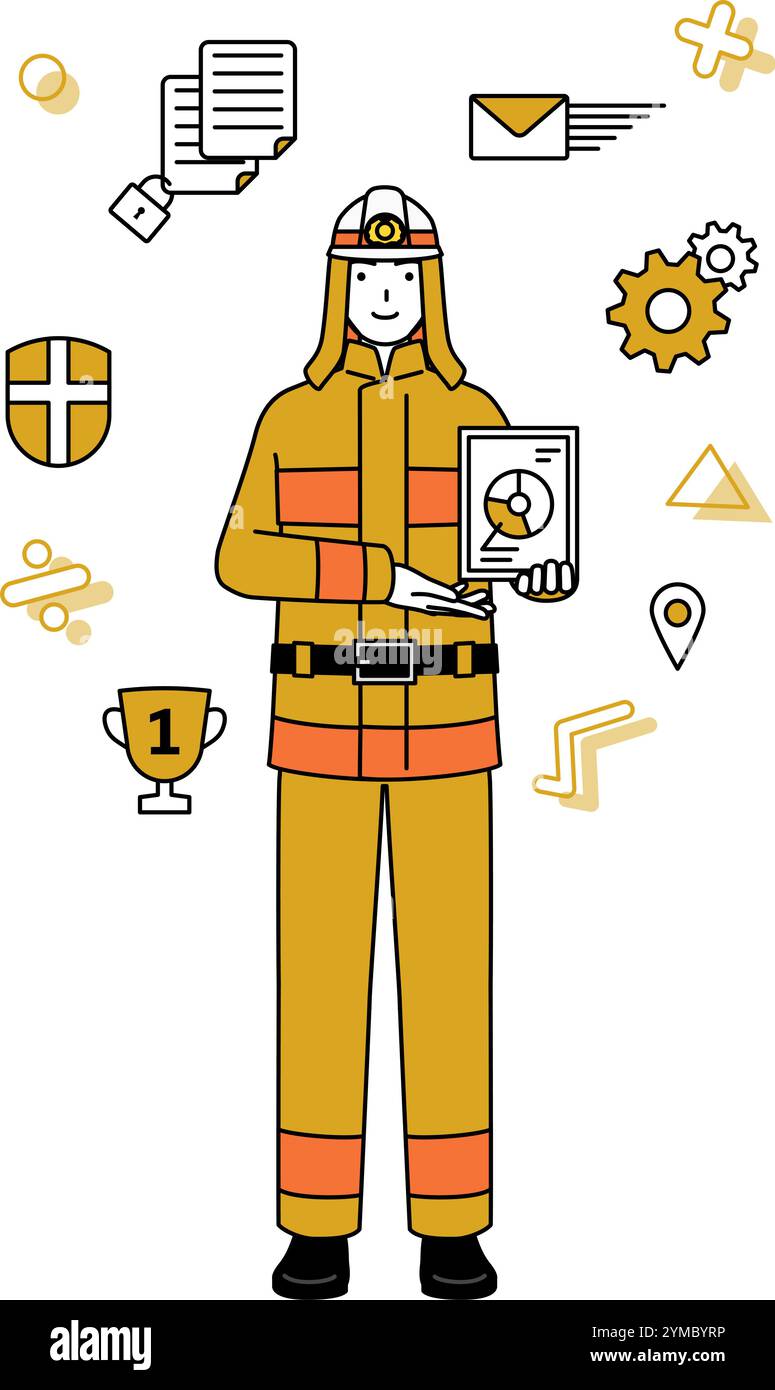 Image of DX, Firefighter in fire uniform using digital technology to ...