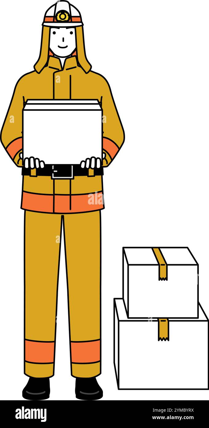 Firefighter in fire uniform working to carry cardboard boxes, Vector ...