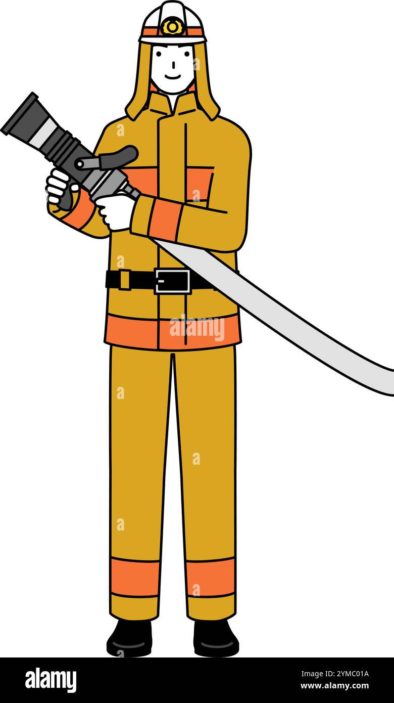 Firefighter in fire uniform holding fire hose with gun-type nozzle ...