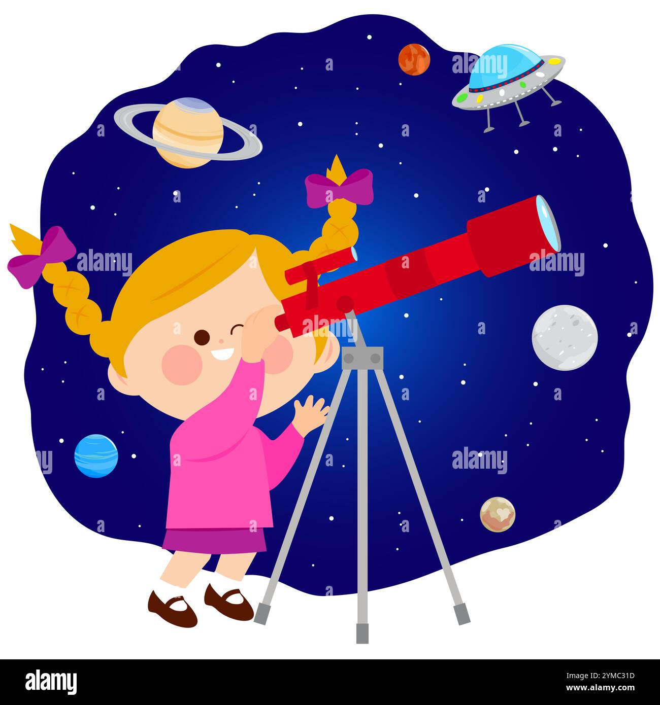 Child watching the night sky with a telescope. Little girl looking at ...