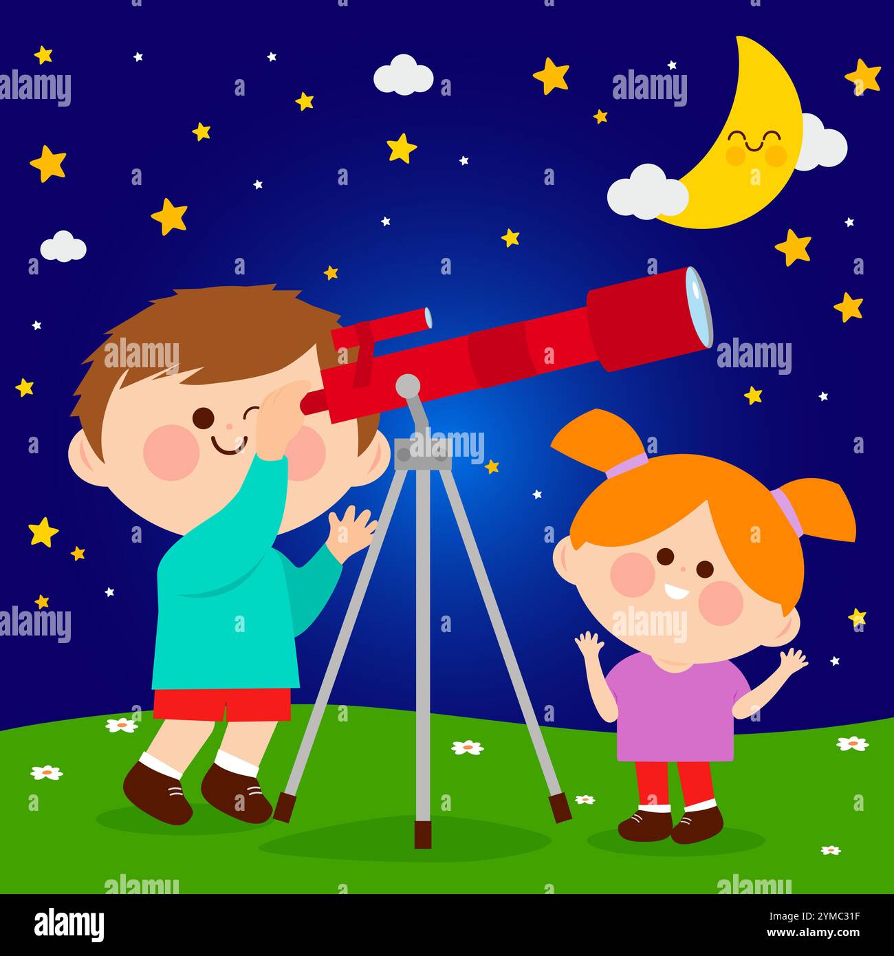 Children watching the night sky with a telescope. Little girl and boy ...