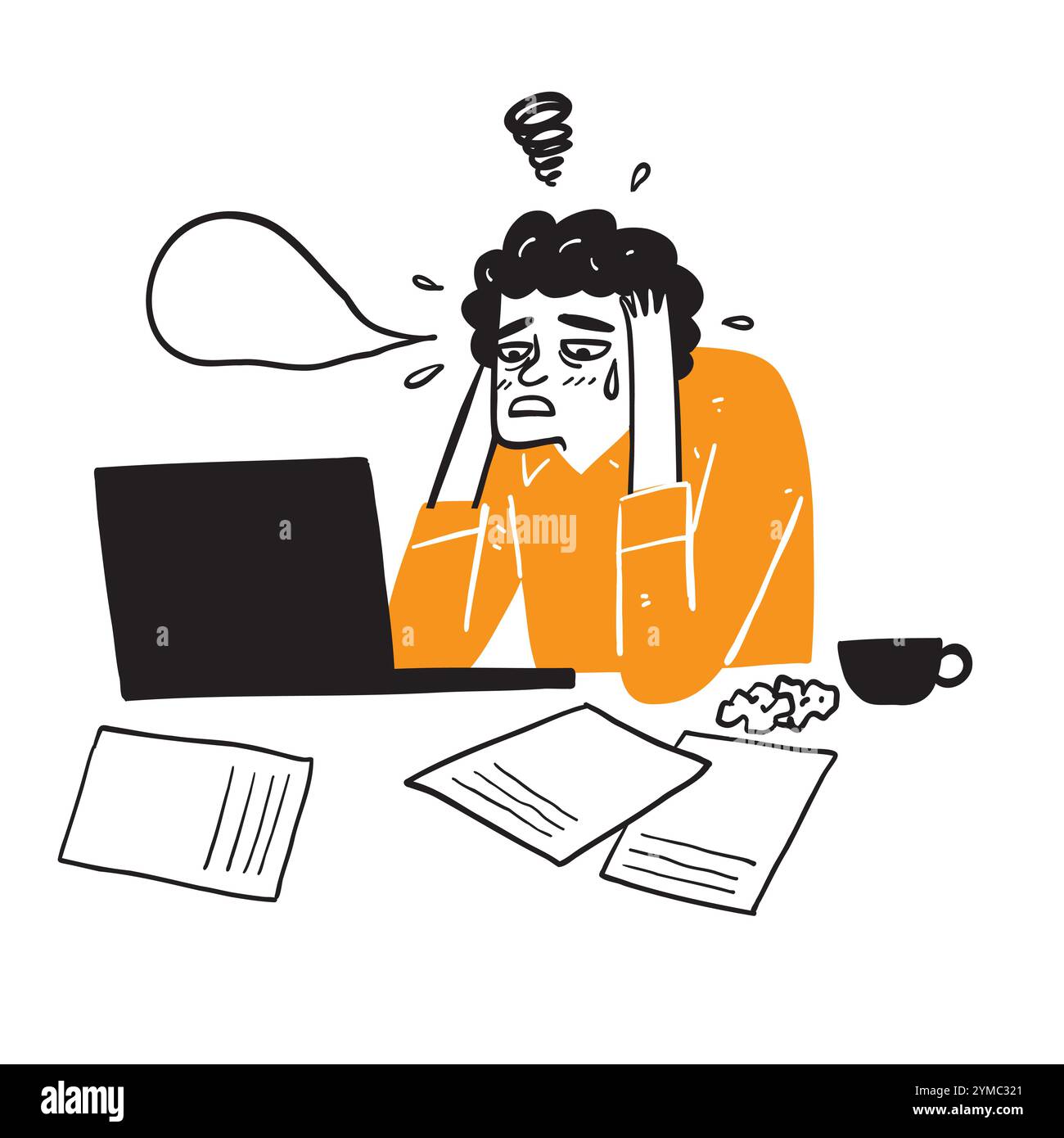 Illustration of a businessman working remotely Emotional regret or ...