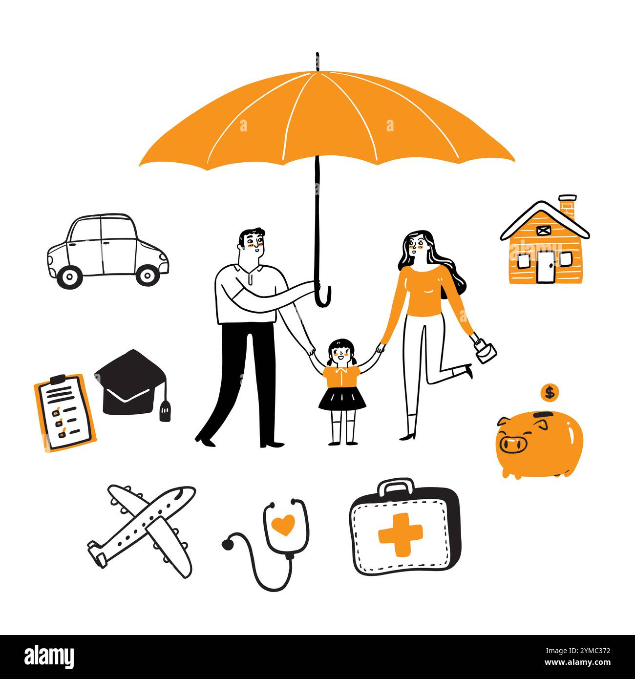 Insurance concept set, Hand draw Vector illustration doodle style Stock ...