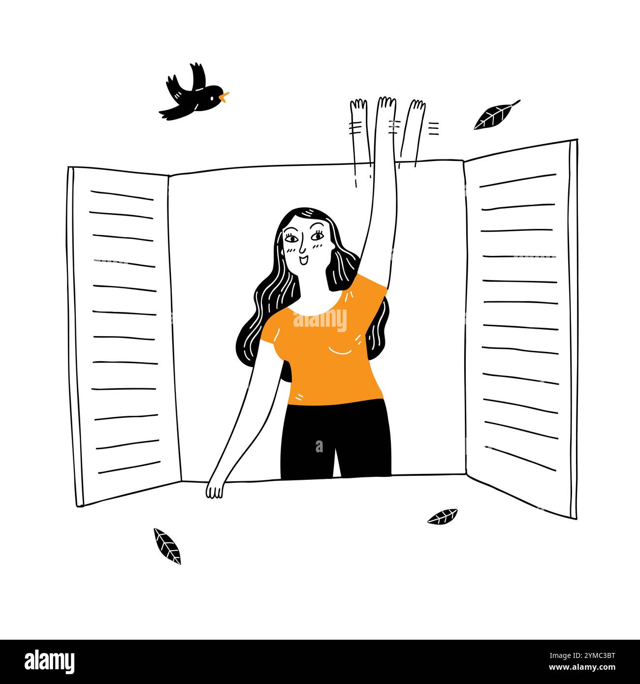 A pretty woman is waving at the window as look like to greet or invite ...