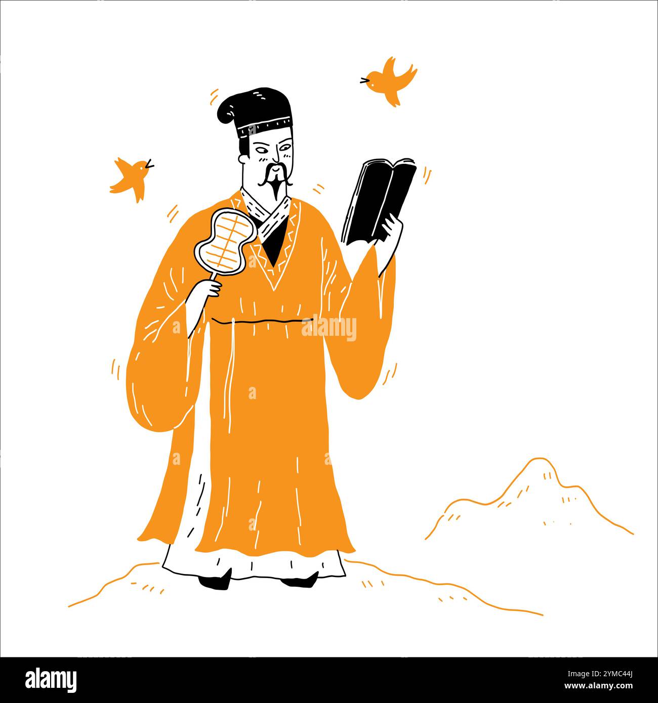 East Asian philosopher, thinker, imagination, vector illustration hand ...