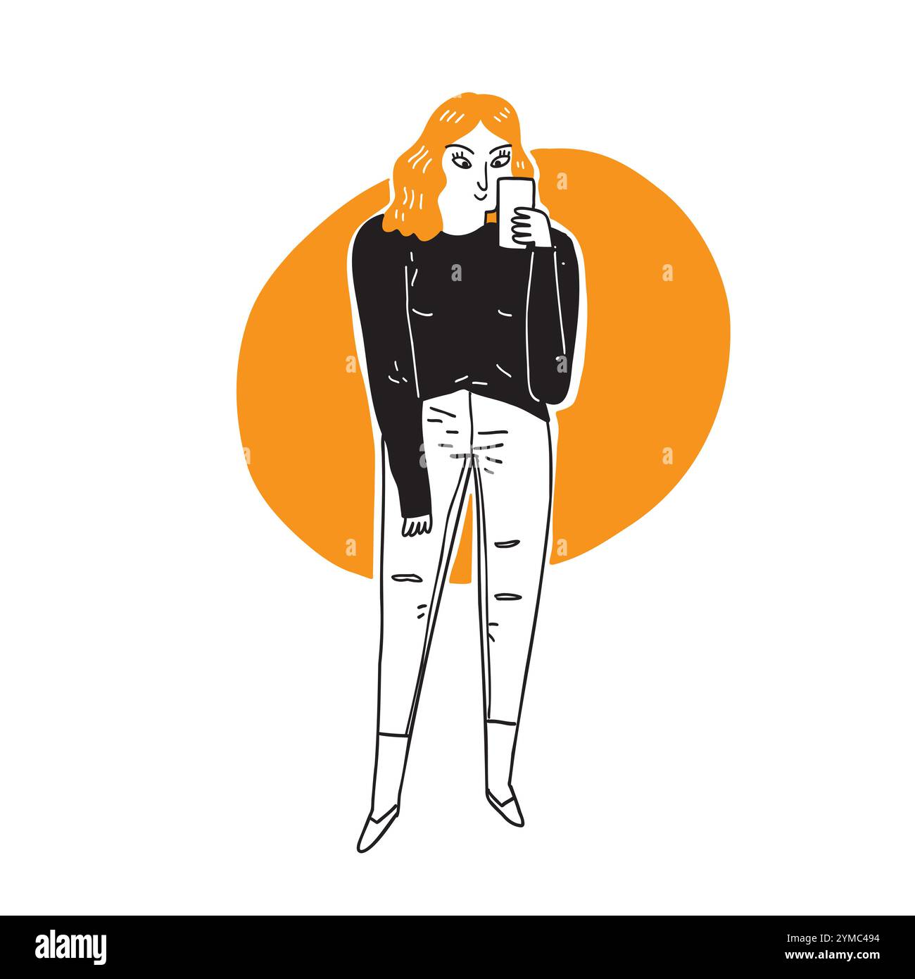 Young beautiful woman taking photo with mobile phone hand drawn cartoon ...