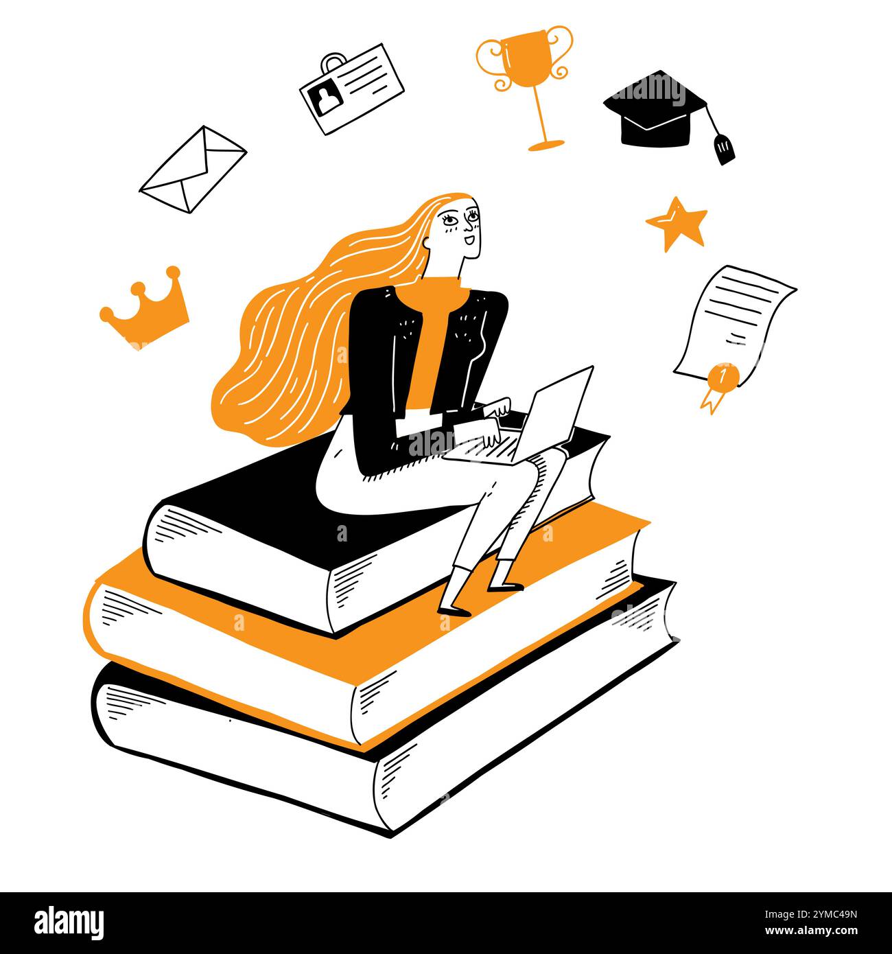 A beautiful girl sits dreaming of a beautiful future on a book. Vector ...