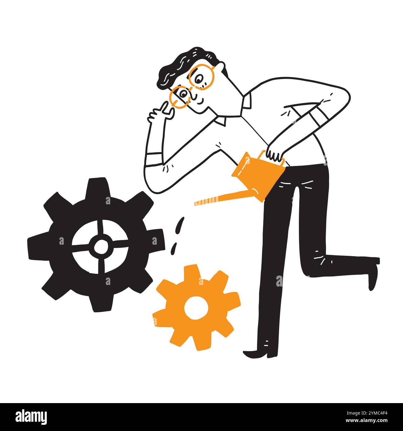 A young man dripping engine oil on a gears, Hand drawing Vector ...