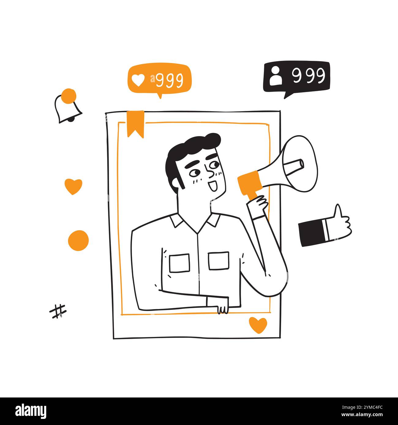 Social Media Networking Concept. Man with Megaphone at Smartphone ...