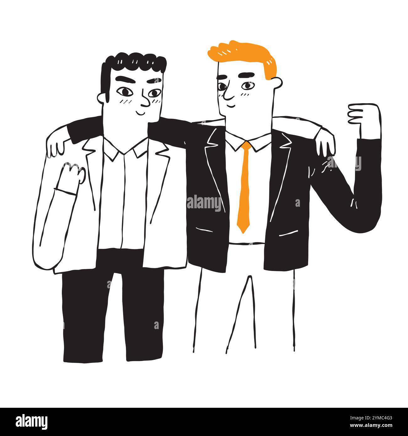 Two businessmen in suits hugging each other, Hand draw vector ...