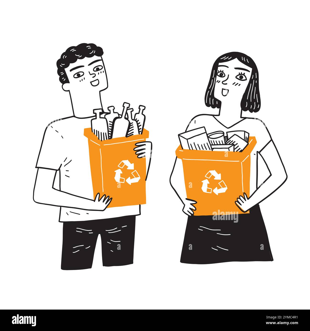 Young people holding a recycle bin with many bottle or paper inside ...