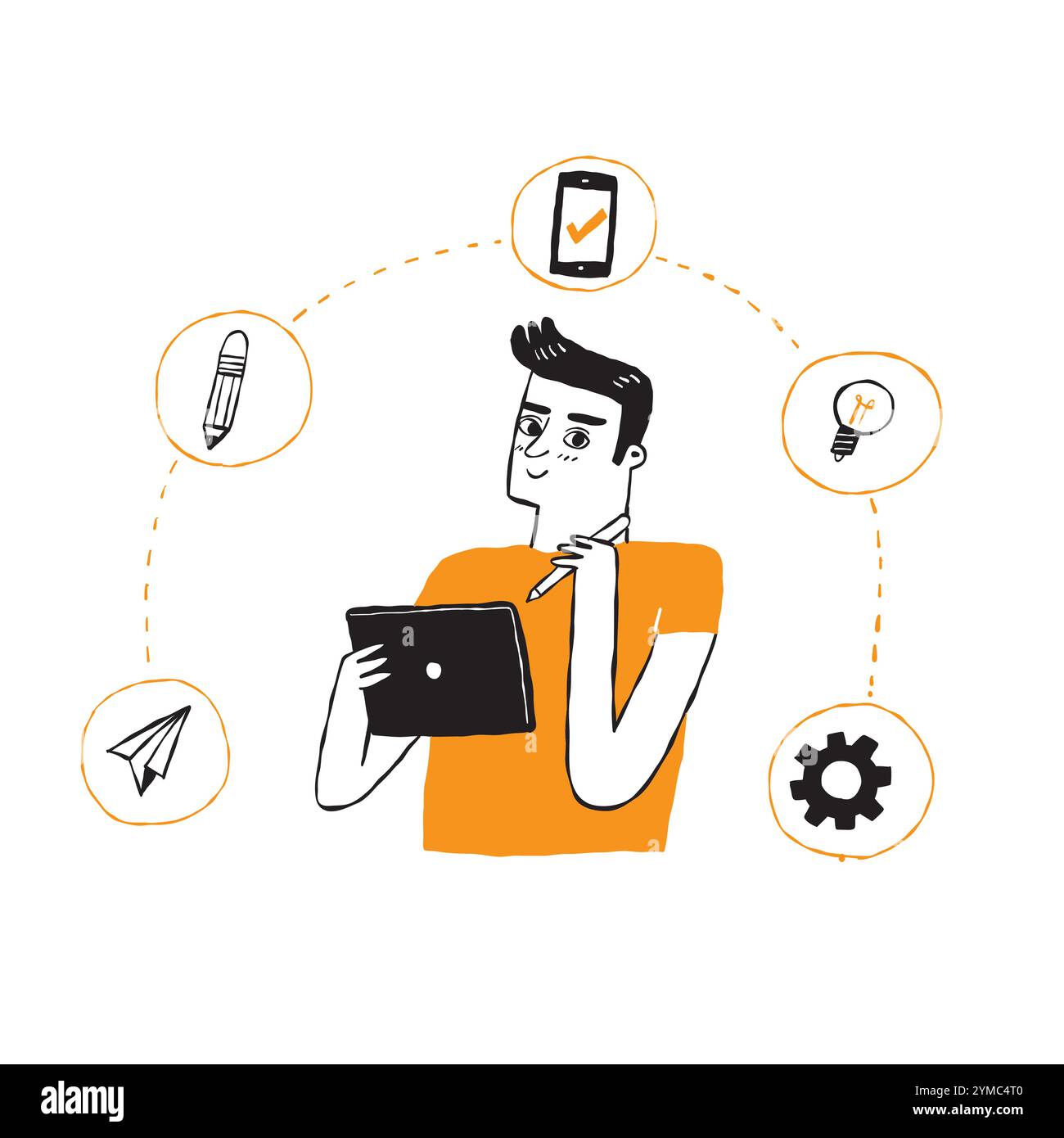 Young designer get thinking, Hand drawing Vector Illustration doodle ...