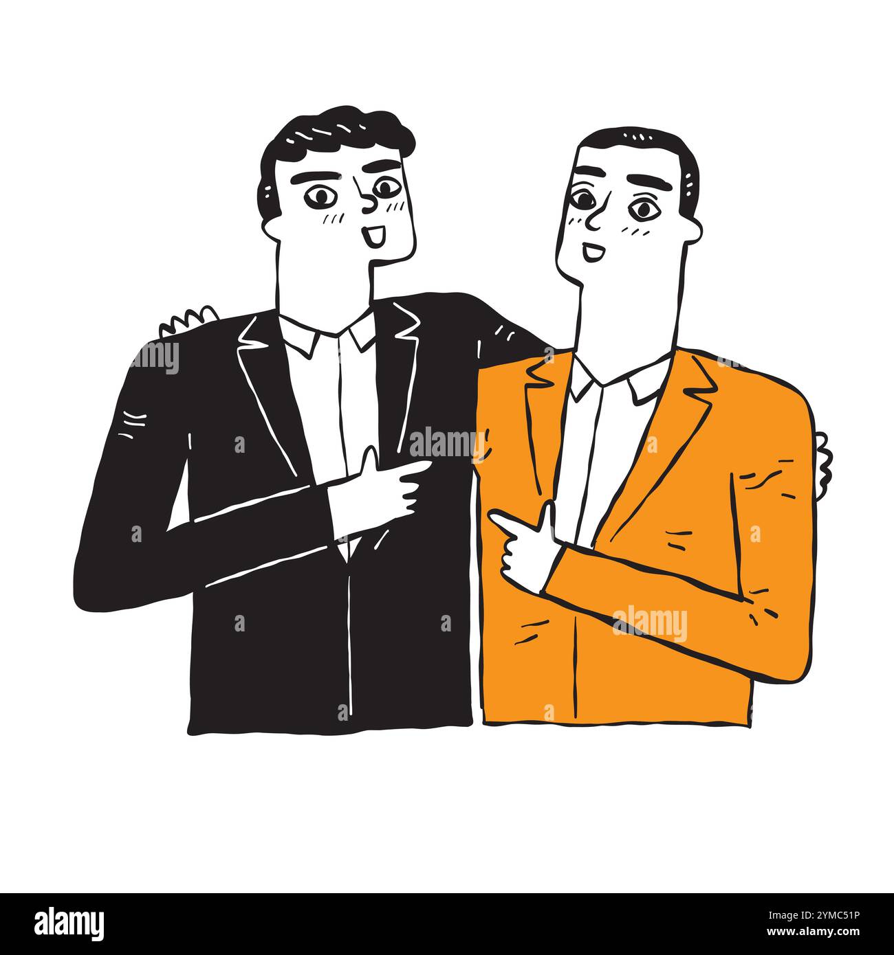Two businessmen in suits hugging each other, Hand draw vector ...