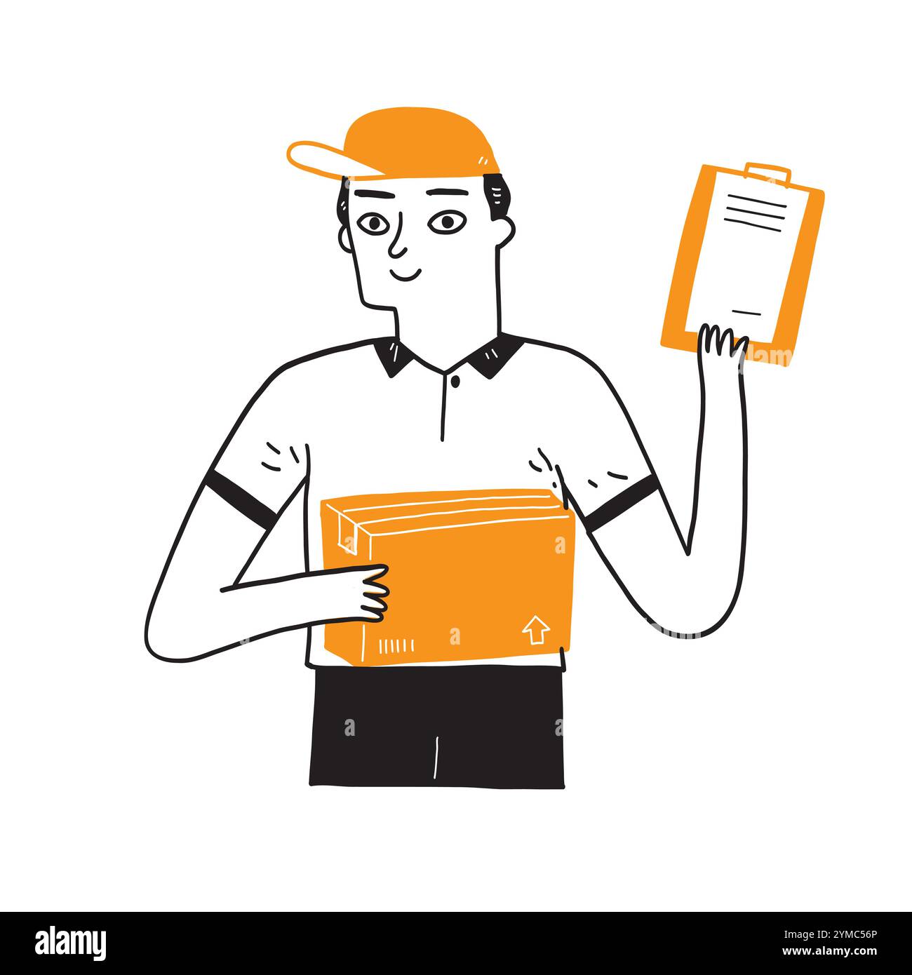 Delivery man holding a large box with documents to sign. Hand drawing ...