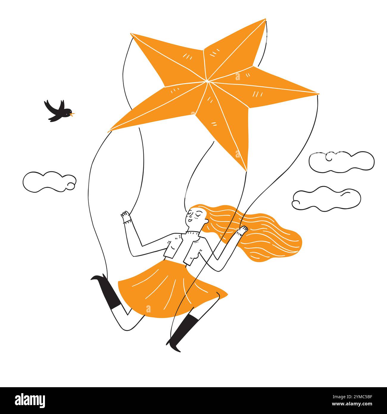 Young girl puppet is played by an orange star. Hand drawn vector ...