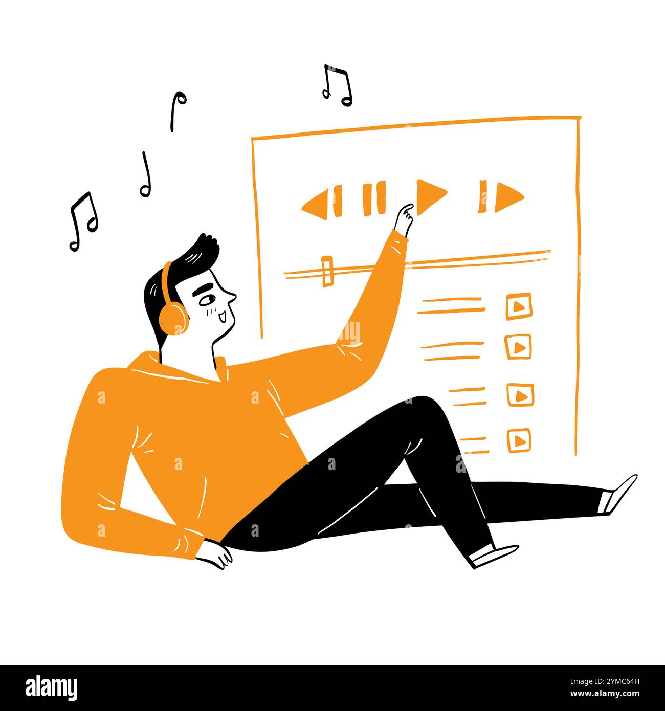 Young man with headphones choosing a song, Hand drawing vector ...