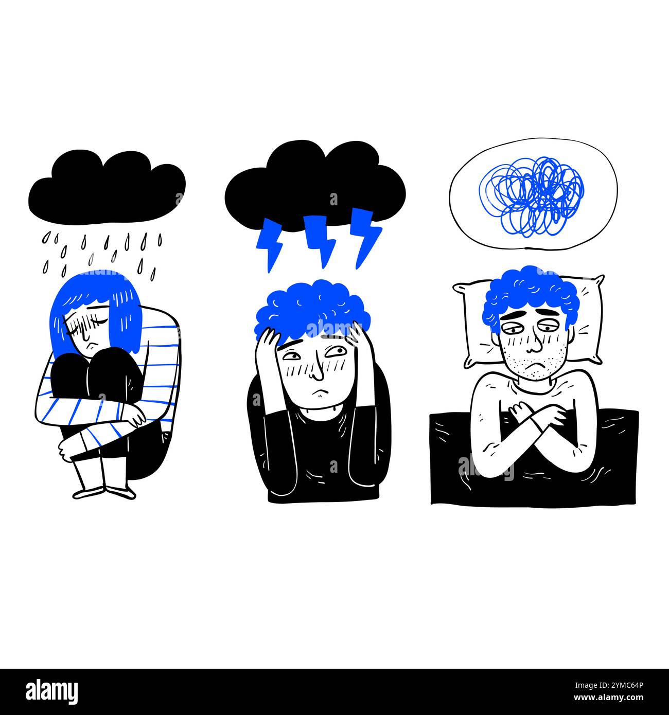 Psychology. Set of men and women with psychological problems on white ...