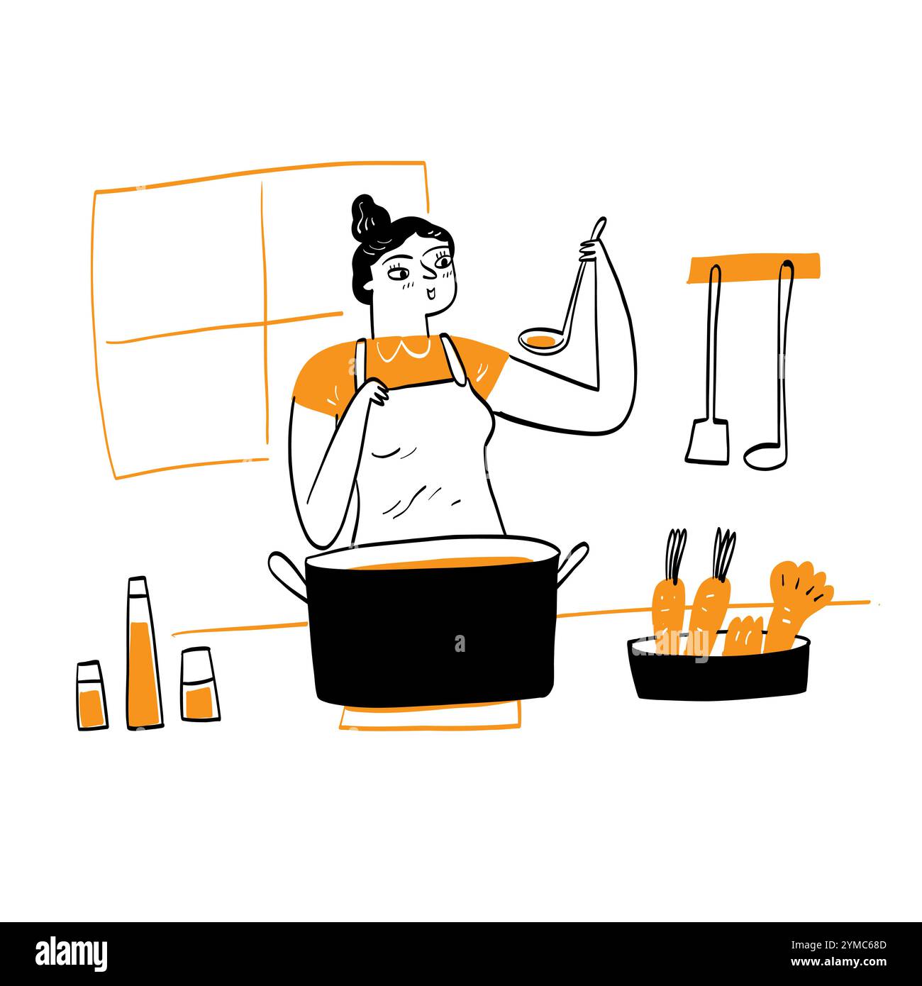 The pretty woman who is a housewife cooking, hand drawing, black lines ...