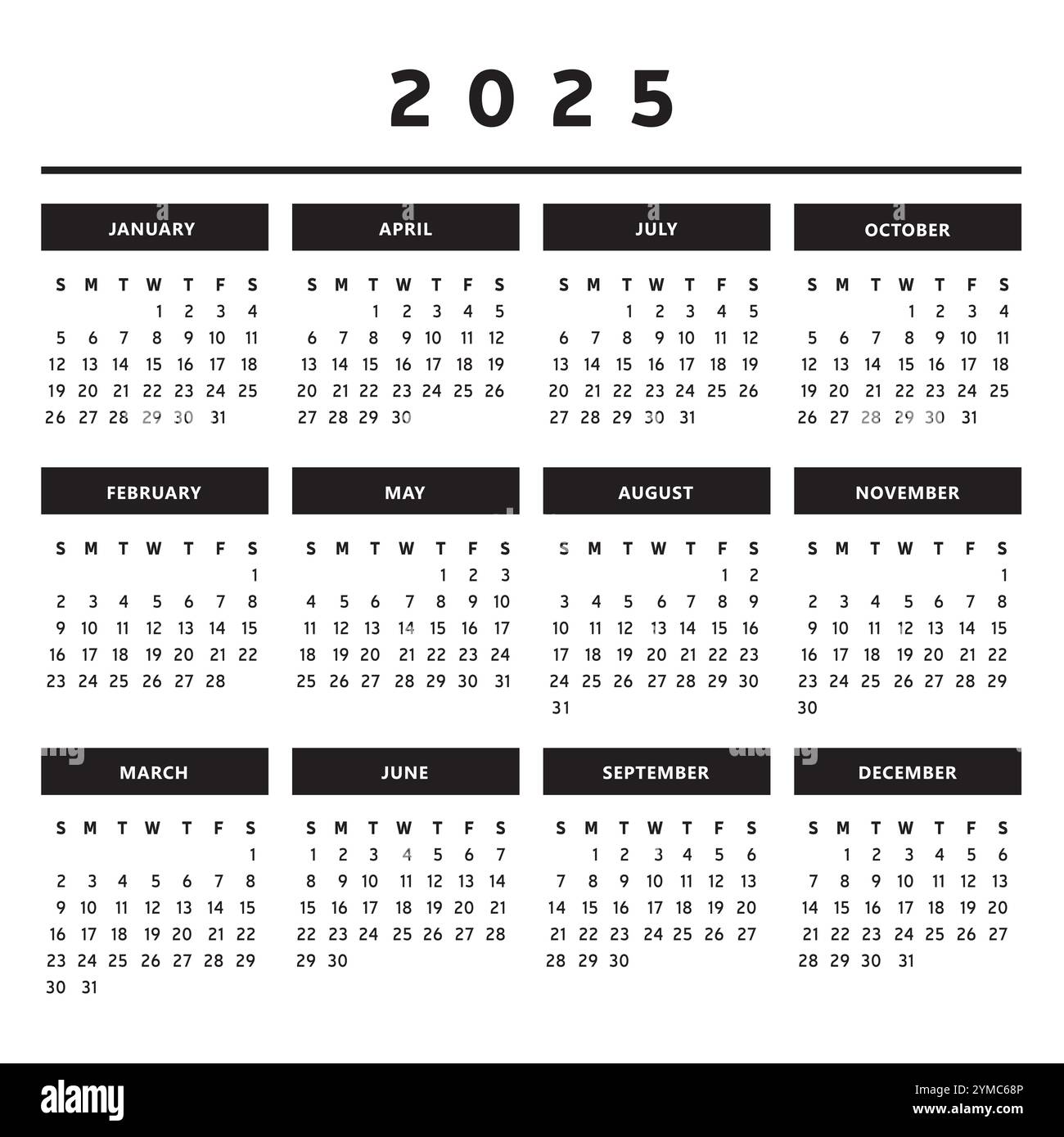 2025 Calendar with Boxes in Black and White Colors 4 Columns - English ...