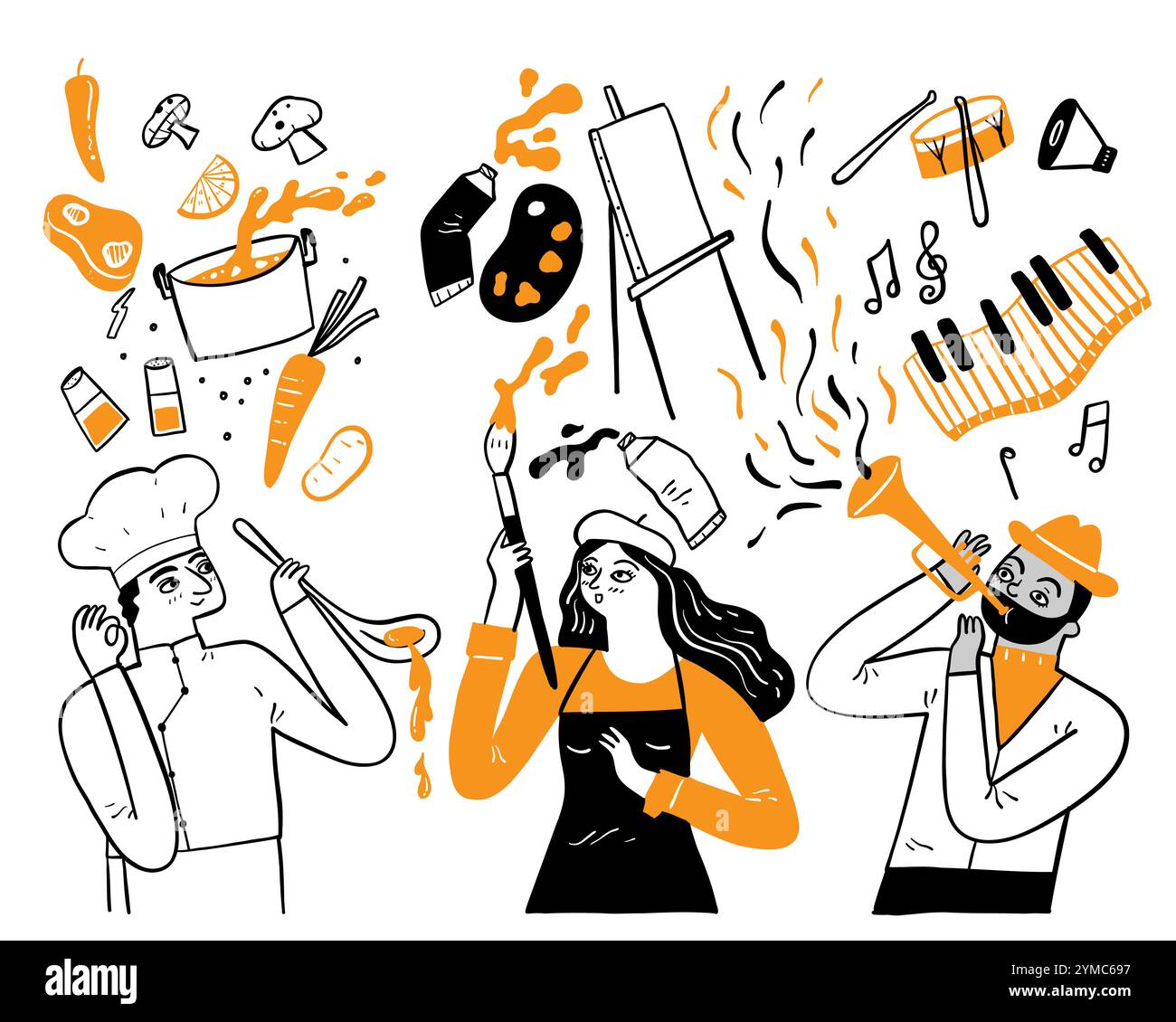 Elements of work: chef, painter, musician, Hand drawing vector ...
