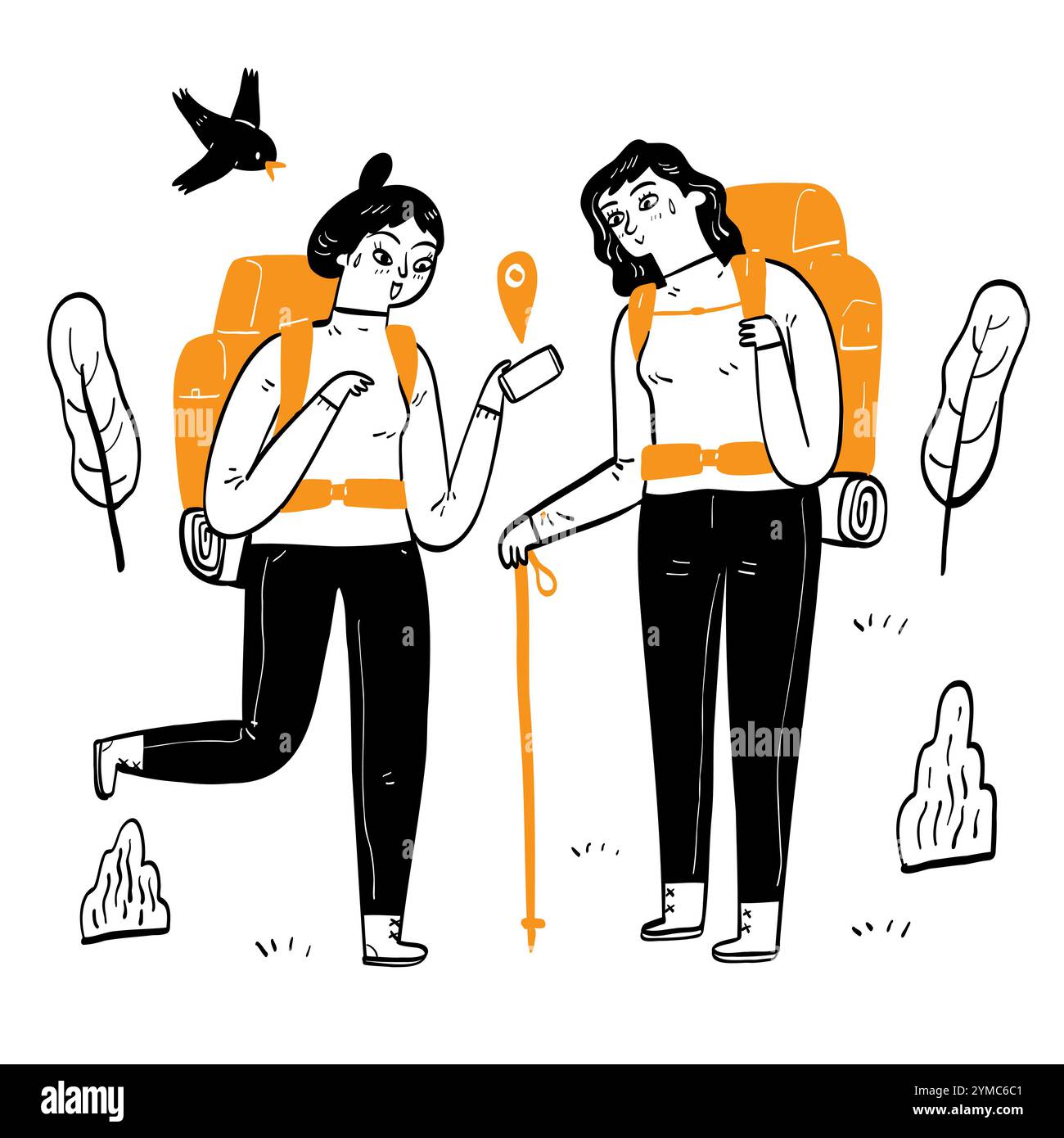 Pretty girl and best friend Talking while hiking, using GPS to help ...