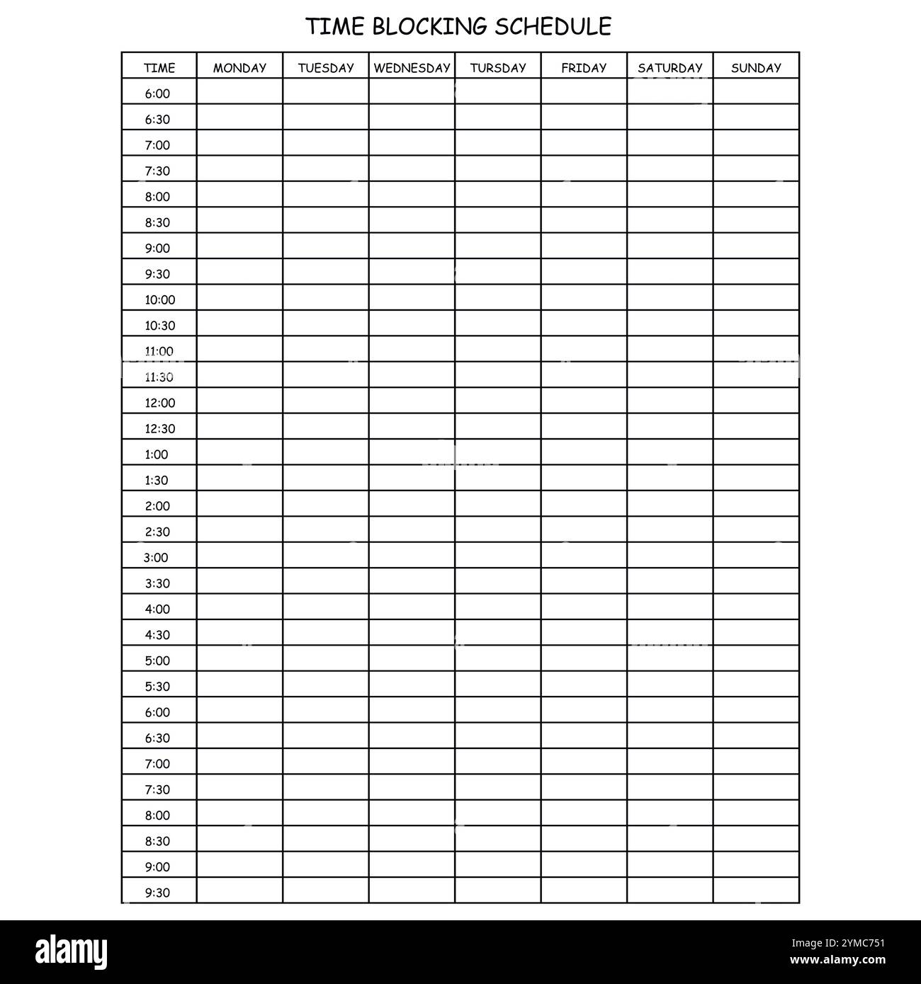 24 Hourly Weekly Schedule - Monday Start. Mockup for daily scheduling ...