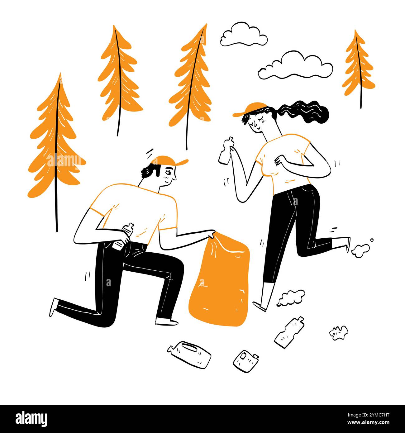 Ecosystem environment concept, Couple keep up plastic waste, Hand drawn ...