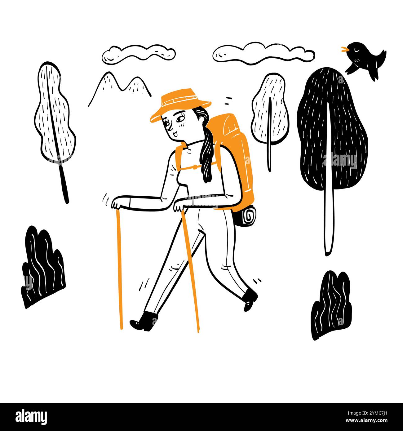 A beautiful girl is happily trekking. Adventure, brave, self-discovery ...