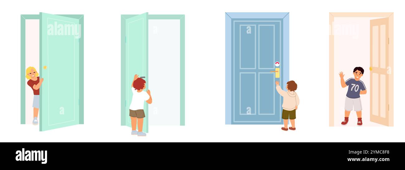 Cute small kids knocking, opening, peeking out doors set Stock Vector ...