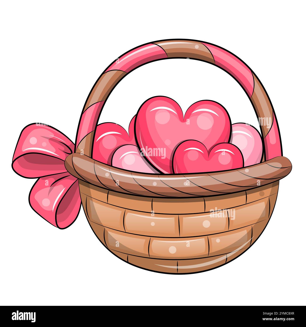 Cute cartoon basket with pink ribbon and hearts. Valentines vector ...