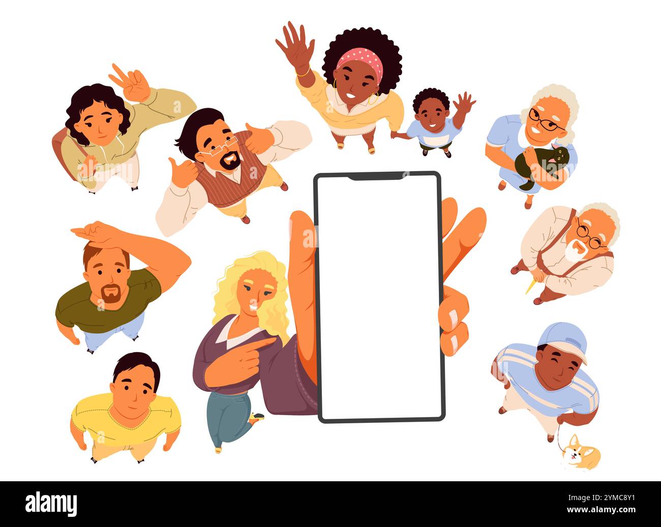 People crowd character looking up showing empty phone screen Stock ...