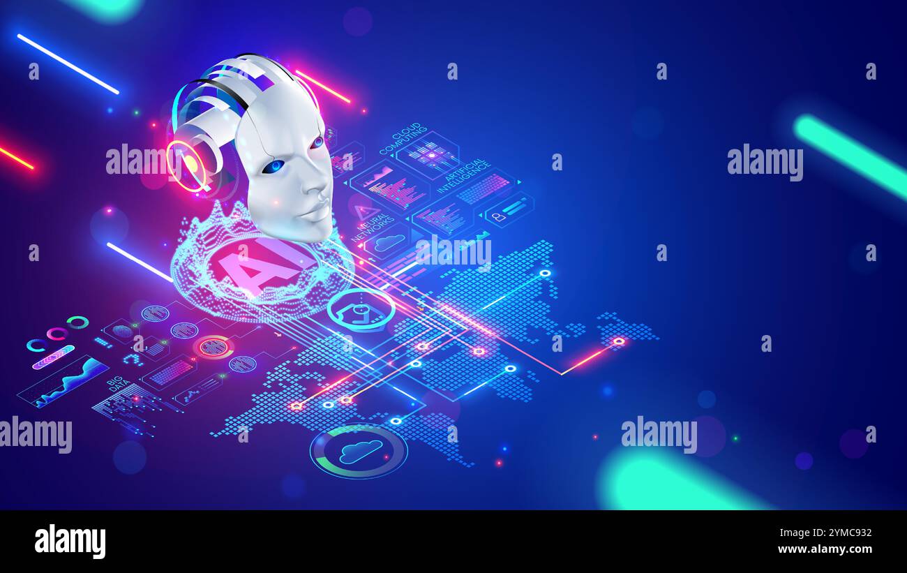 AI chat bot technology concept. Robot, chat bot head hanging over ...