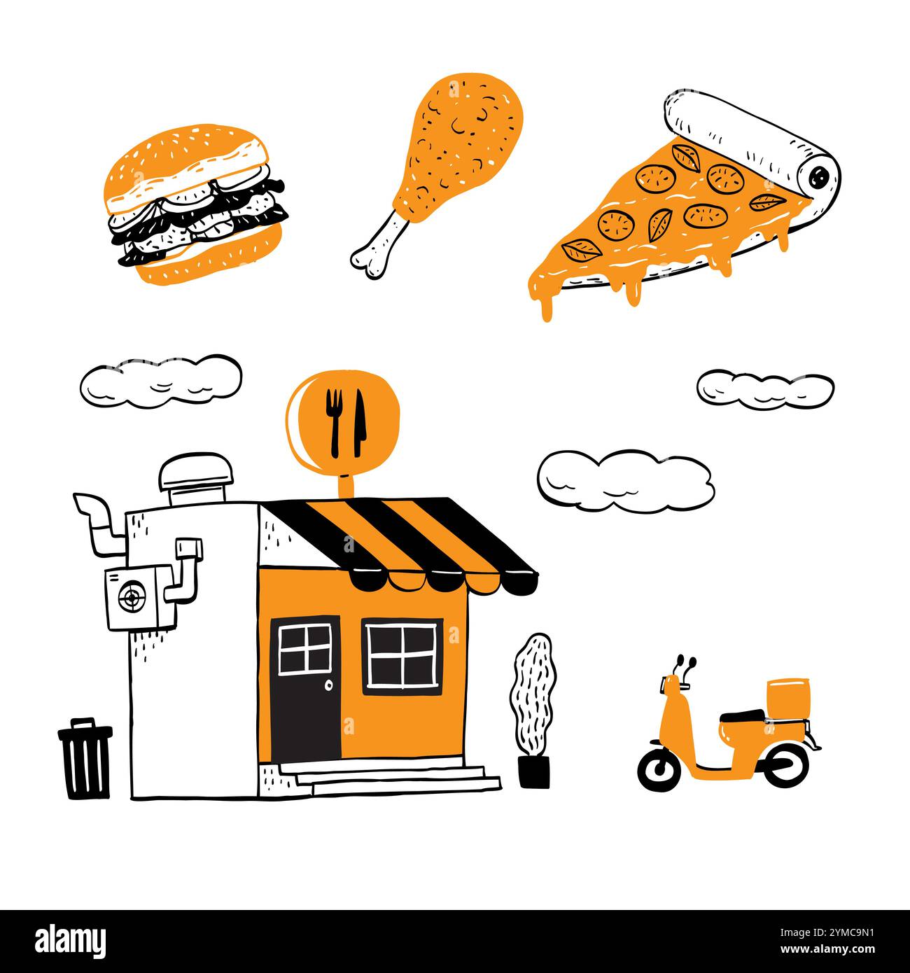 Stores and shops with shop, pizza, burger restaurant, Hand drawn vector ...