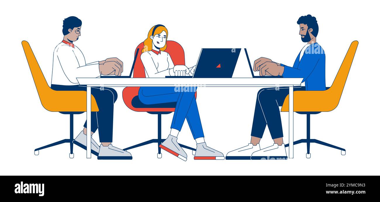 Business team of multiethnic employees working on laptops 2D cartoon ...