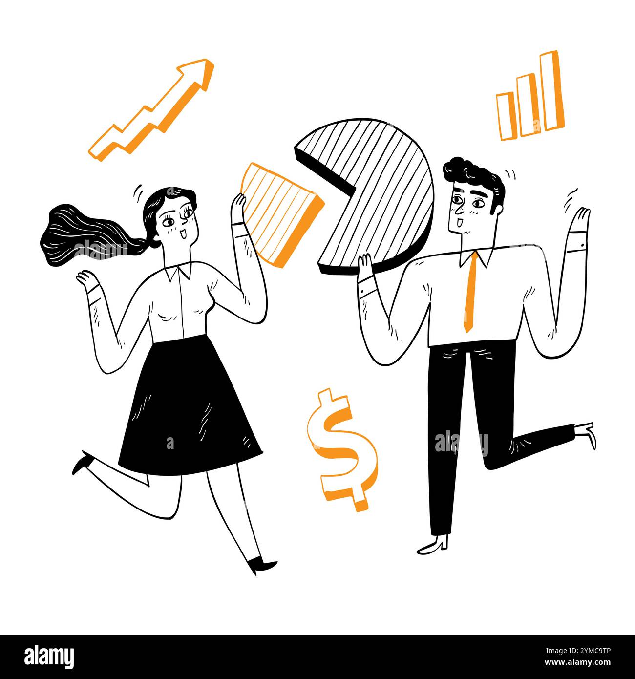 Business success concept, Employees holding a pie graph. Hand drawn ...