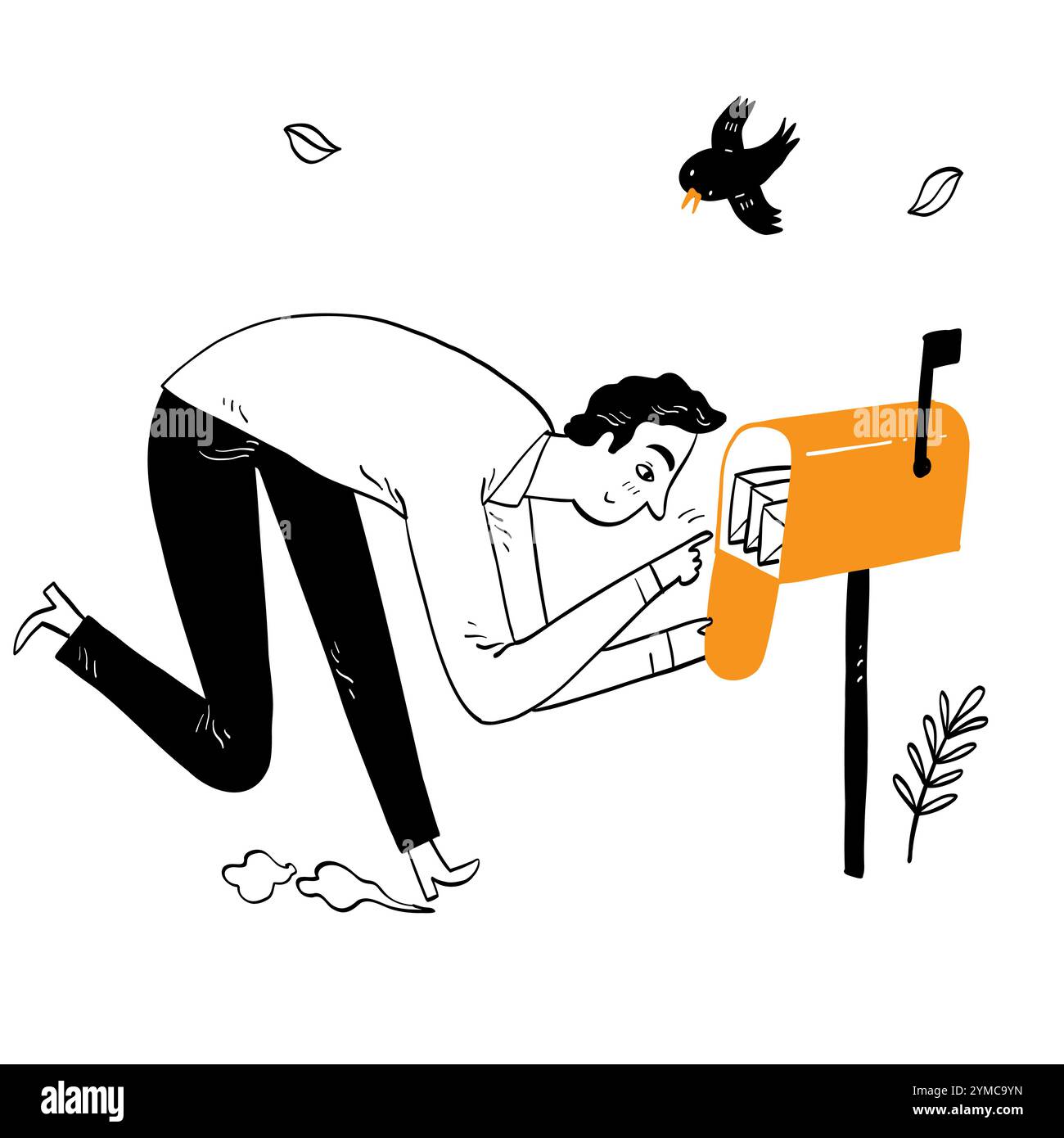 Business success concept, Young man opening a mailbox . Hand drawn ...