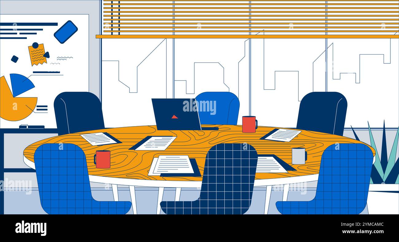 Round conference room table in empty office flat illustration Stock ...