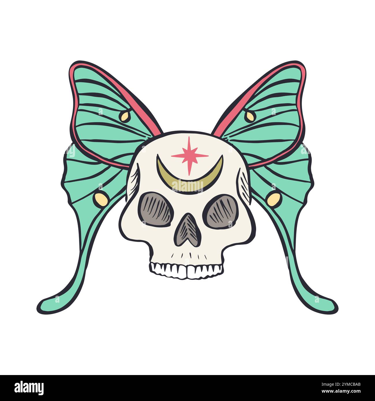 Hand drawn human skull with teal luna moth wings isolated on white ...
