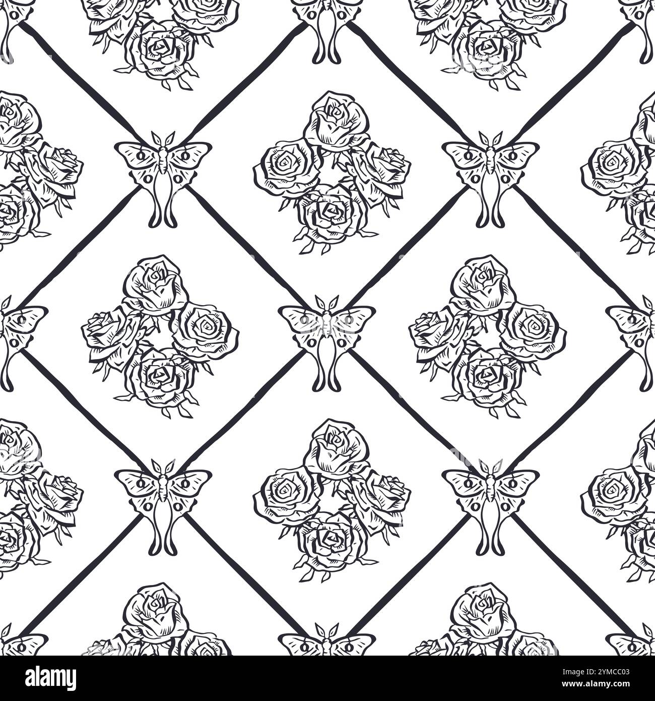 Seamless pattern with hand drawn red rose flowers inside trellis Stock ...