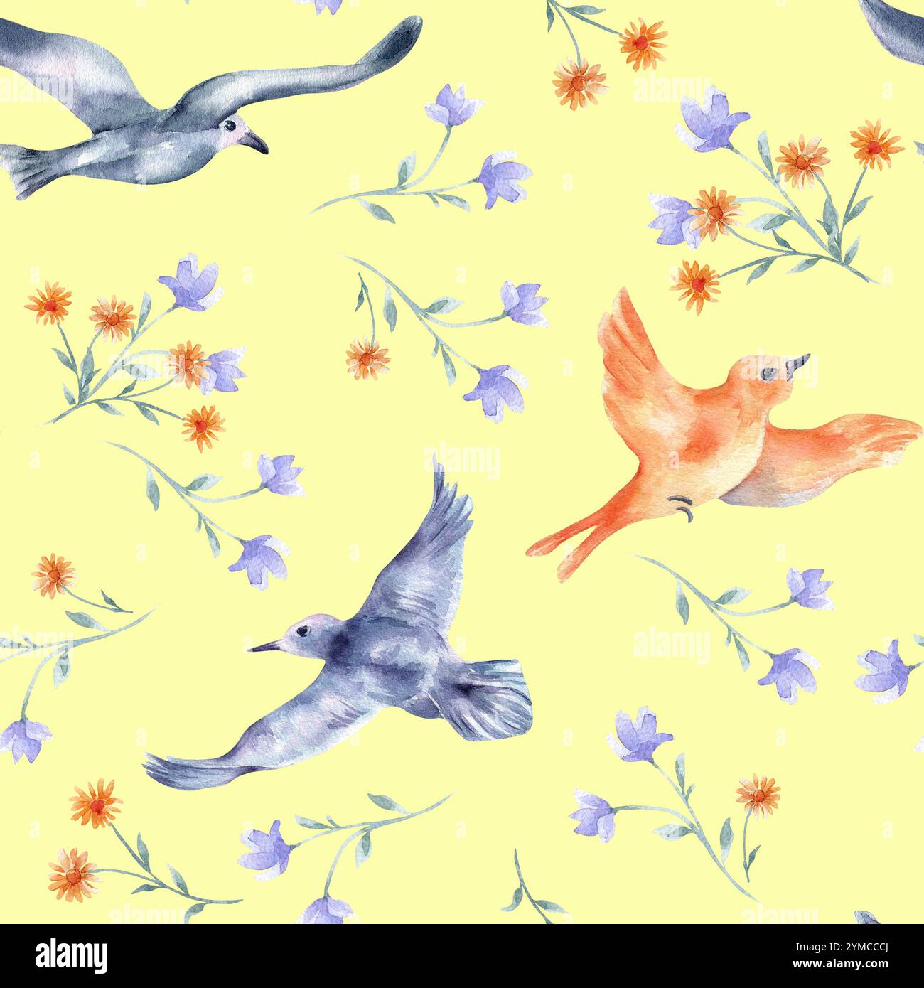 Watercolor seamless pattern birds and flowers isolated. Botanical ...