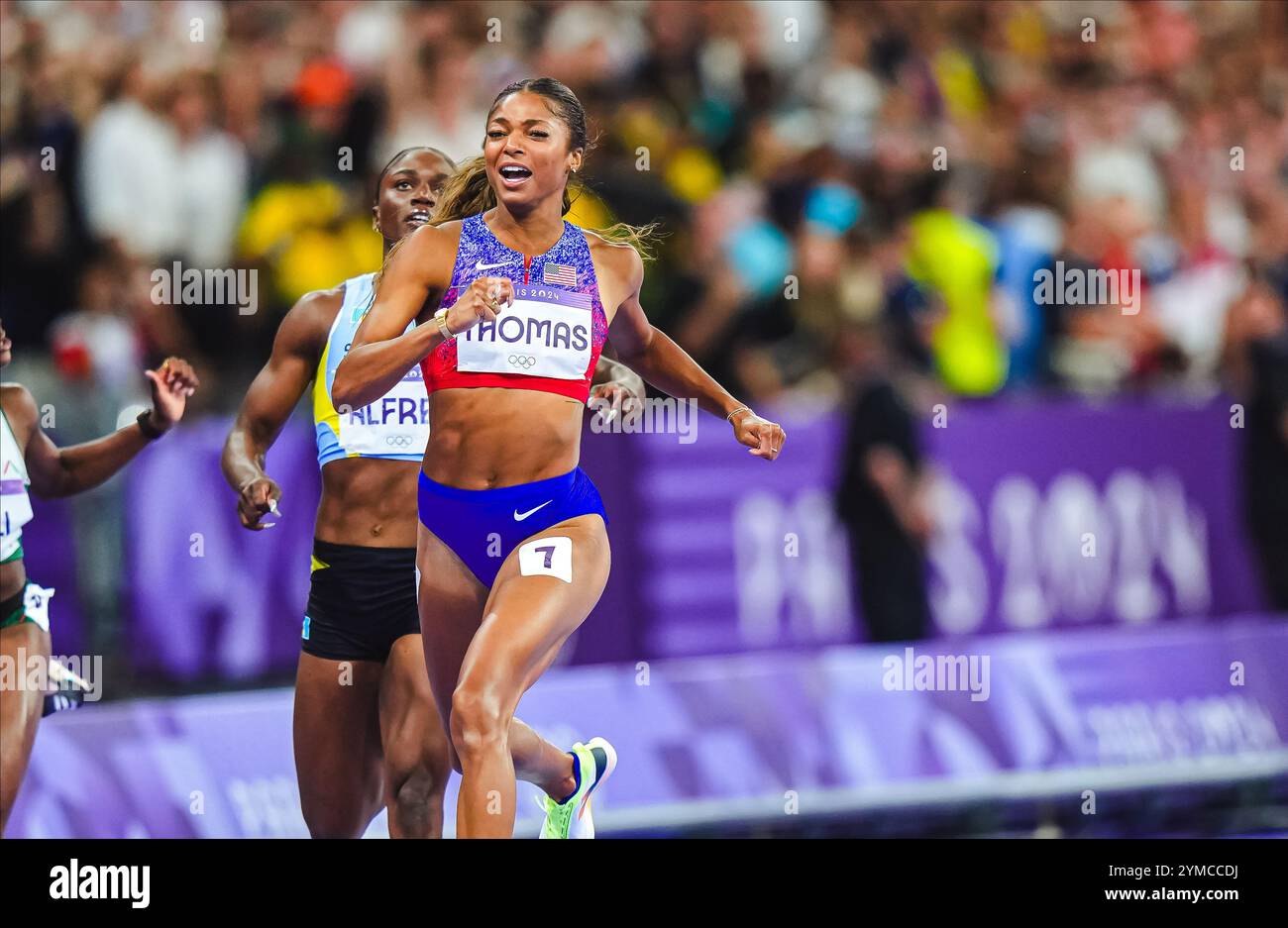 Gabrielle Thomas winning in the 200 meters relay at the Paris 2024 ...