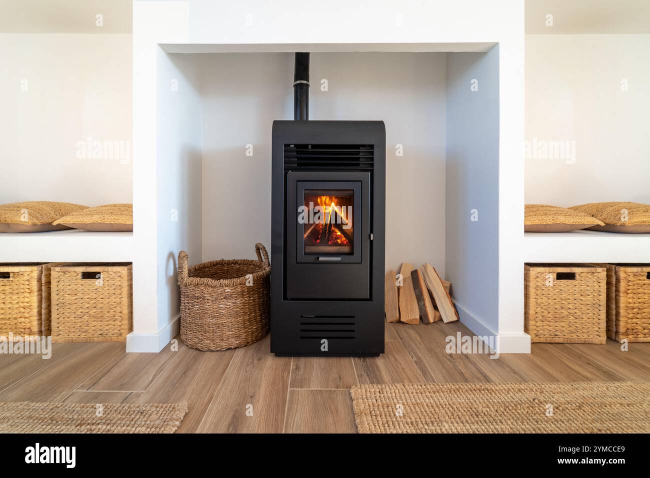 Fireplace inside house contemporary living room. Cosy living room with ...